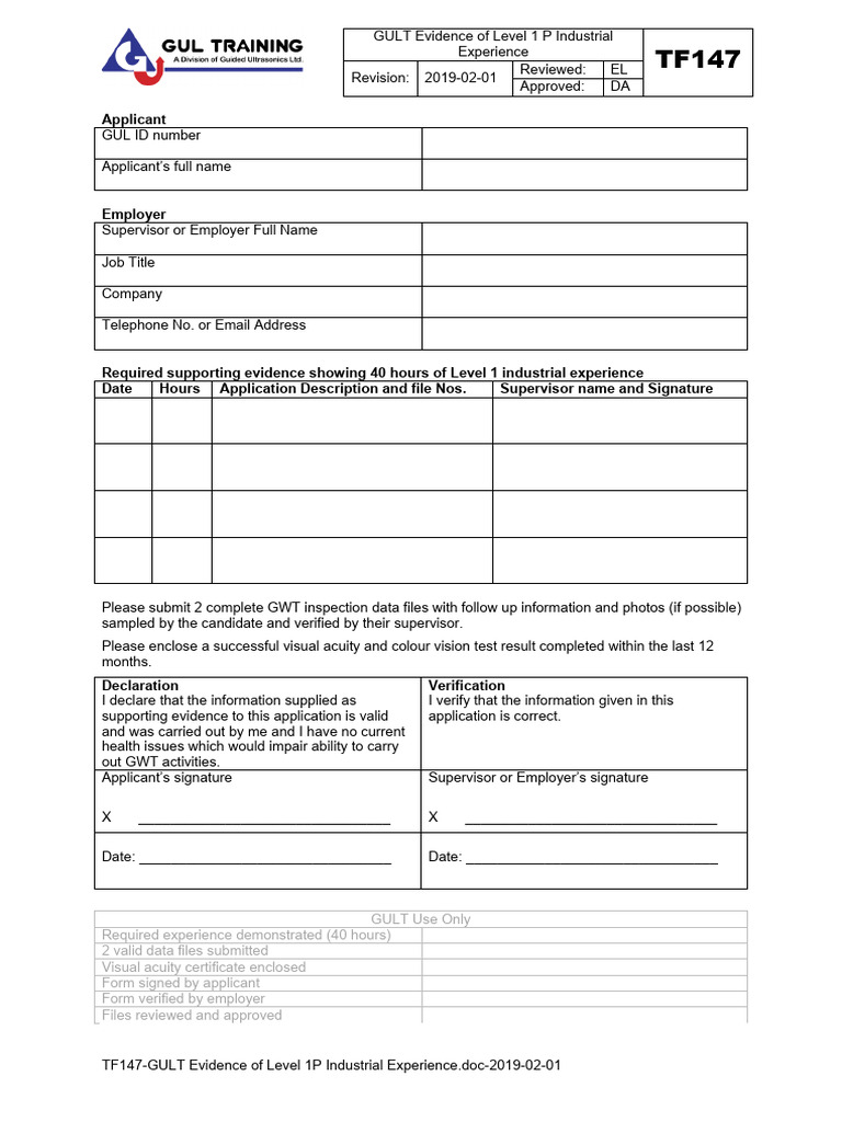 TF147 GULT Evidence of Level 1P Industrial Experience | PDF
