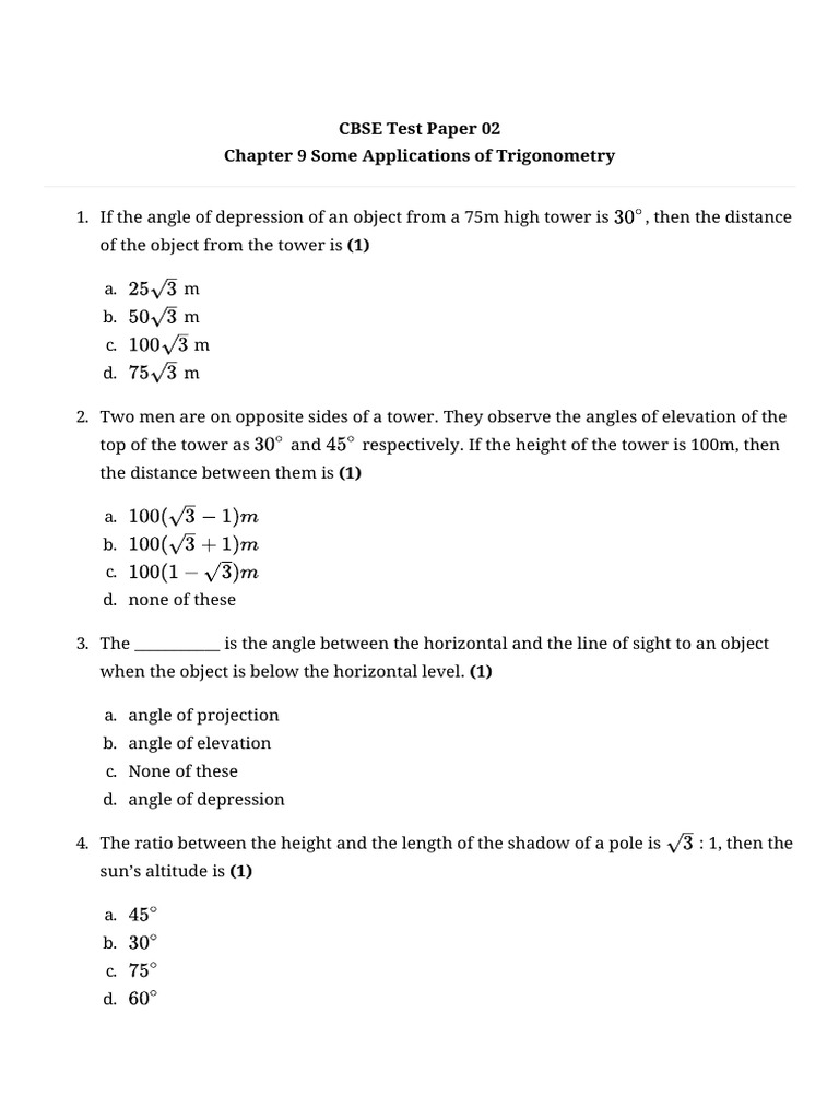 CBSE Test Paper 02 Chapter 9 Some Applications of Trigonometry | PDF ...