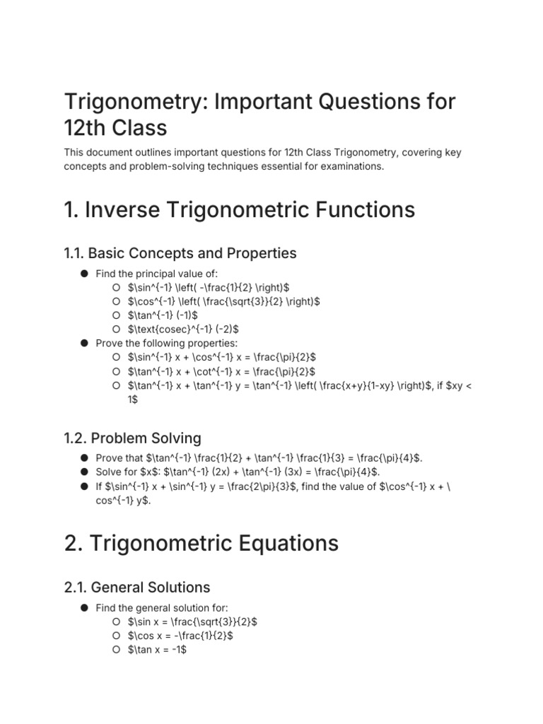 12th Class Trigonometry Key Questions | PDF | Trigonometry ...