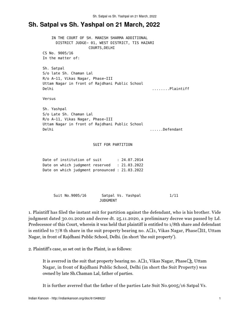 Partition Suit Judgment: Satpal vs Yashpal | PDF | Common Law