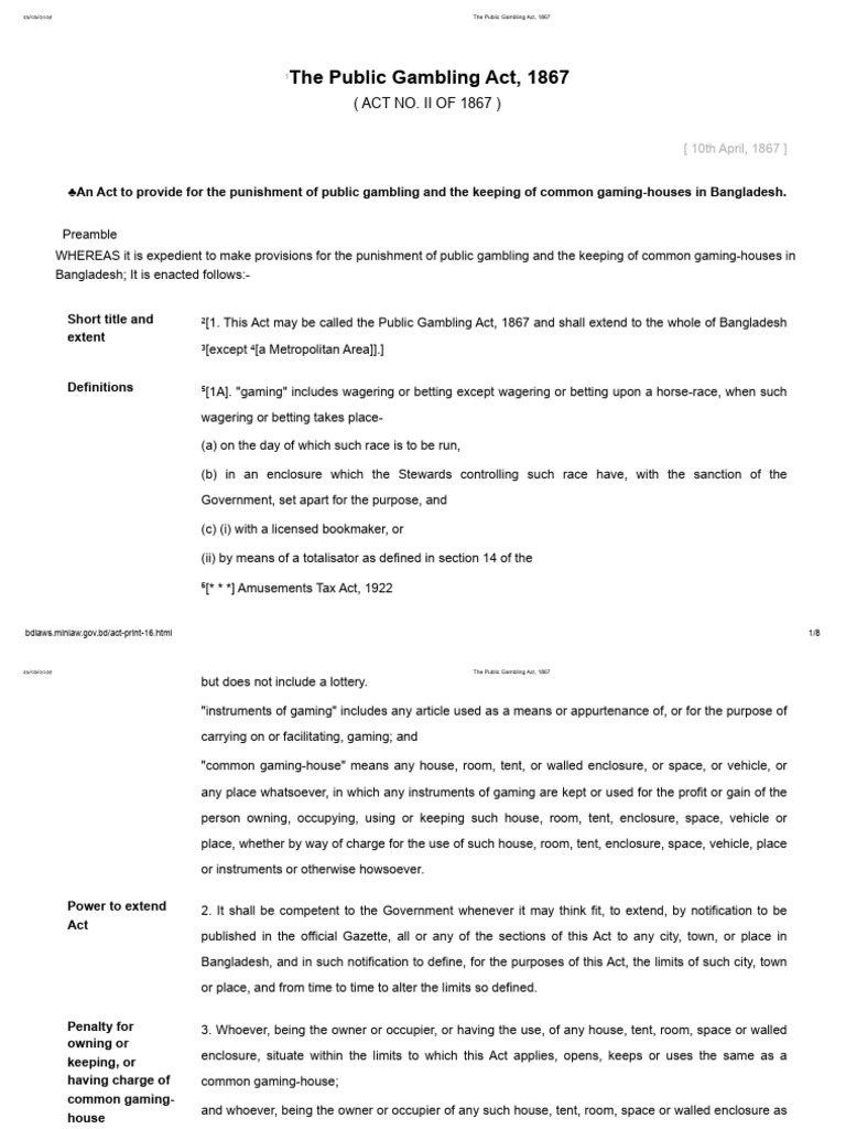 Public Gambling Act 1867 Overview | PDF | Fine (Penalty) | Gambling