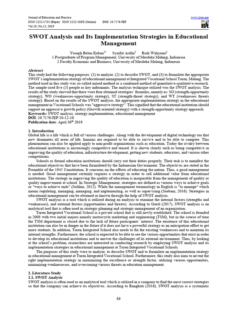 SWOT Strategies in Educational Management | PDF | Swot Analysis | Schools