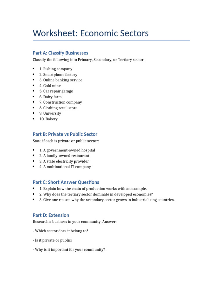 Economic Sectors Worksheet | PDF