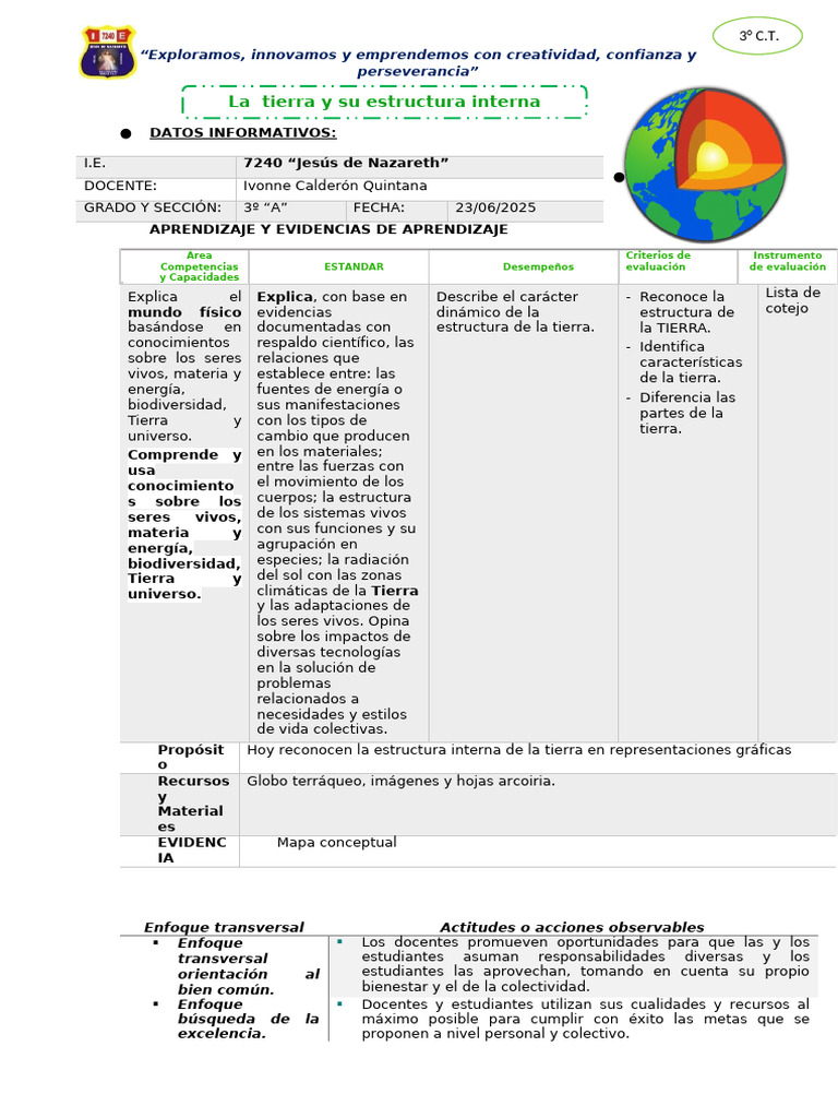 Estructura Interna de la Tierra en 3° C.T. | PDF | Enseñando | Tierra