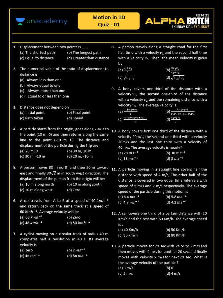 1D Motion Quiz Questions and Answers | PDF | Speed | Velocity