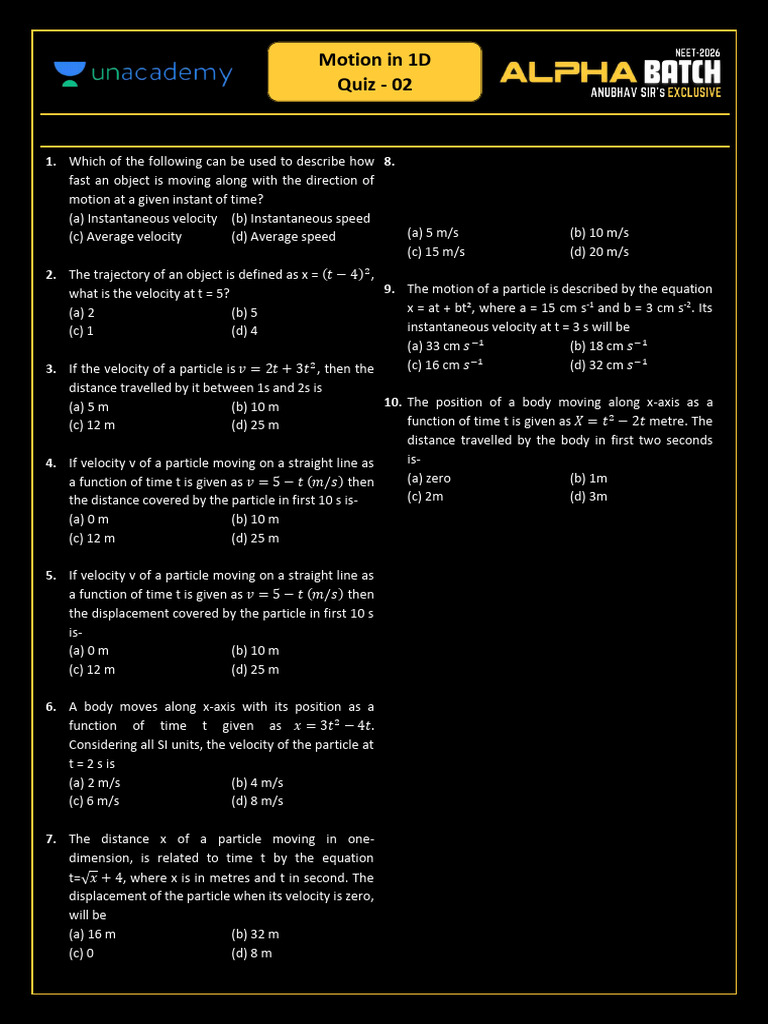 Motion in 1D Quiz - 02 (Alpha Batch-2026) | PDF | Velocity | Speed