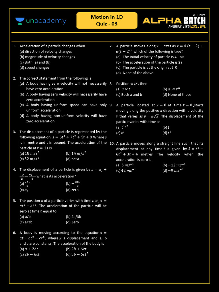 Motion in 1D Quiz - 03 (Alpha Batch-2026) | PDF | Acceleration | Velocity