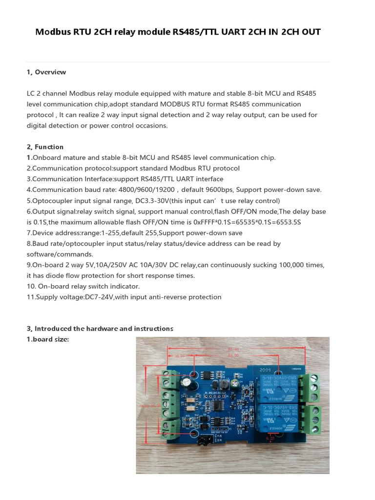 Modbus RTU 2CH Relay Module RS485 | PDF | Computing | Data Transmission