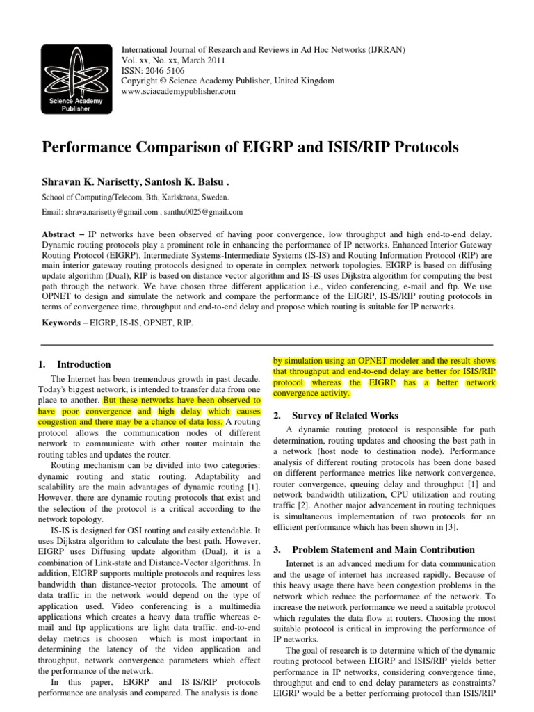 Performance Comparison of EIGRP and ISIS/RIP Protocols: Shravan K ...