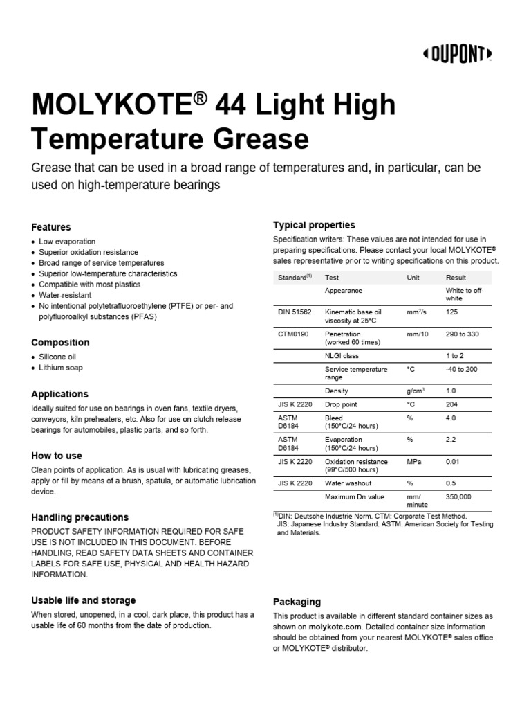 MOLYKOTE® 44 High Temp Grease Overview | PDF | Materials
