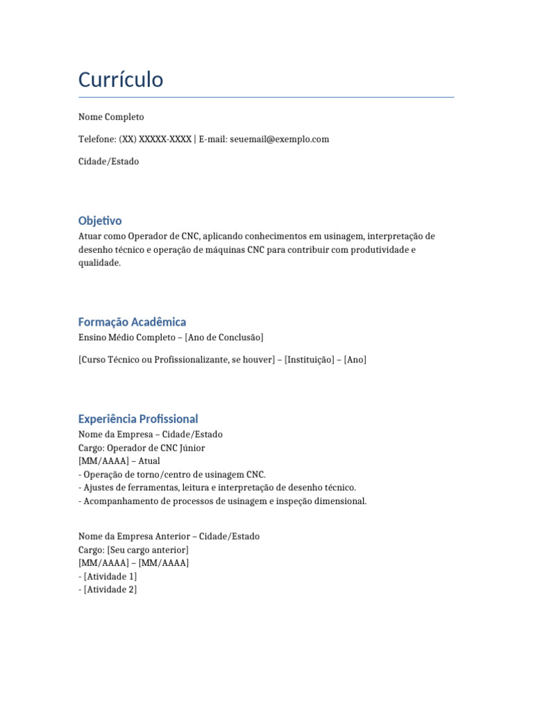 Currículo de Operador de CNC Júnior | PDF