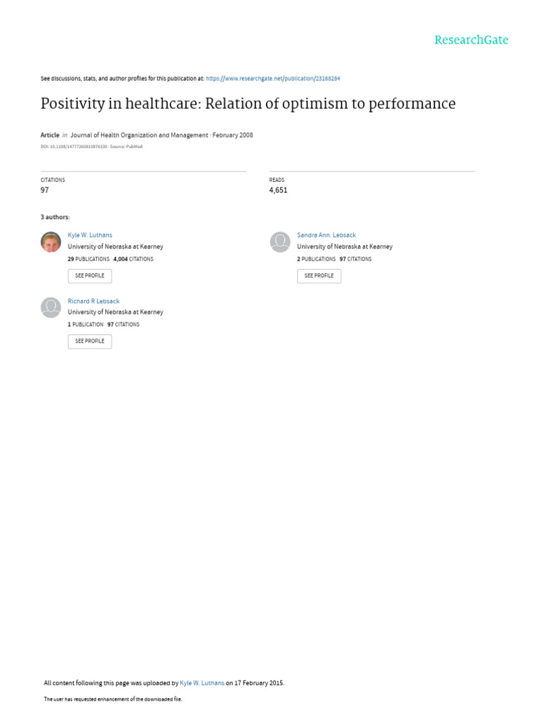 Positivity in Healthcare Relation of Optimism To Performance | PDF ...