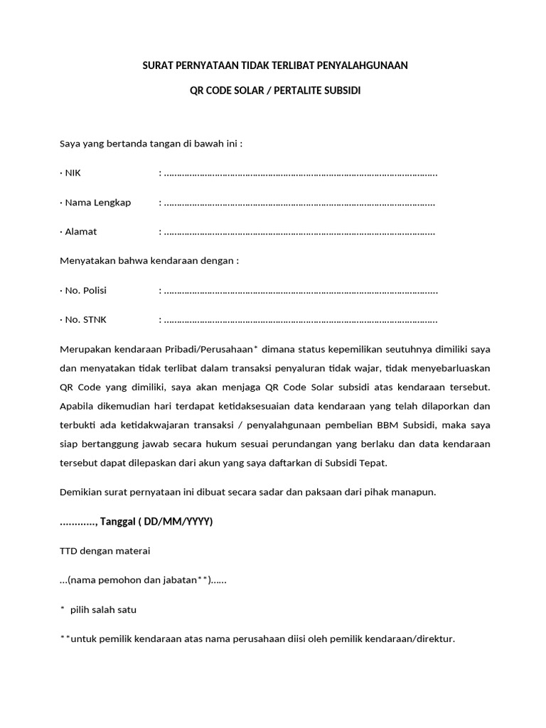 Surat Pernyataan QR Code Solar Subsidi | PDF