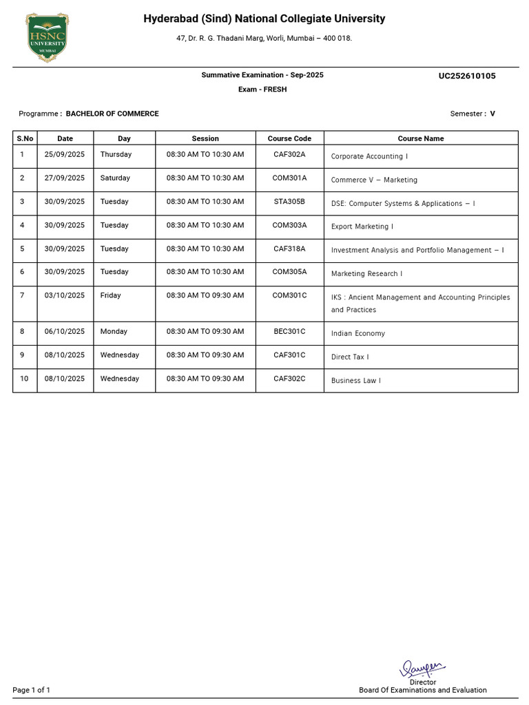 Timetable Bachelor of Commerce Sem 5 Sep 2025 | PDF