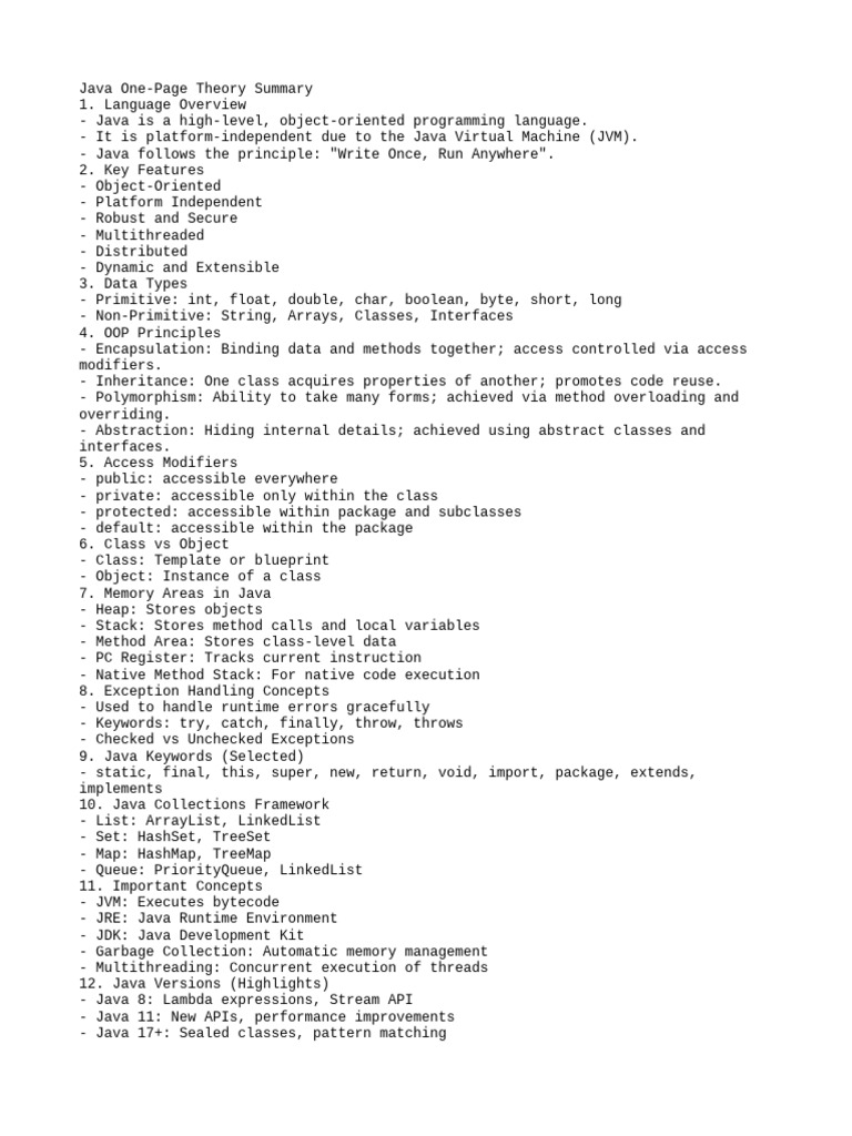 Java One-Page Theory Summary | PDF