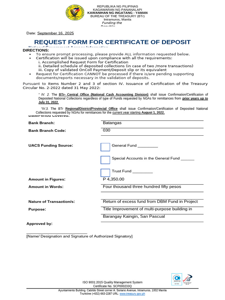 BTr Request for CD Certification Form | PDF