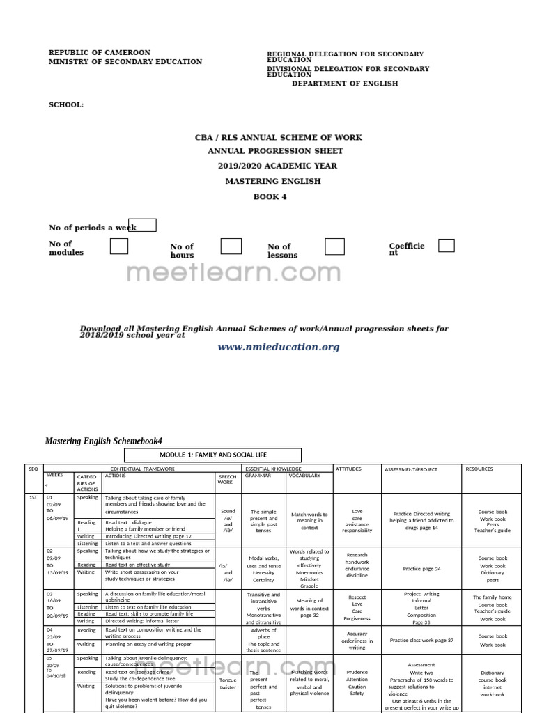 Mastering English Scheme of Work BK 4 | PDF