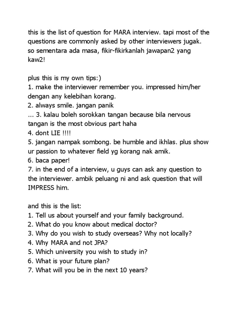MARA Interview Questions and Tips | PDF | Wellness | Medical