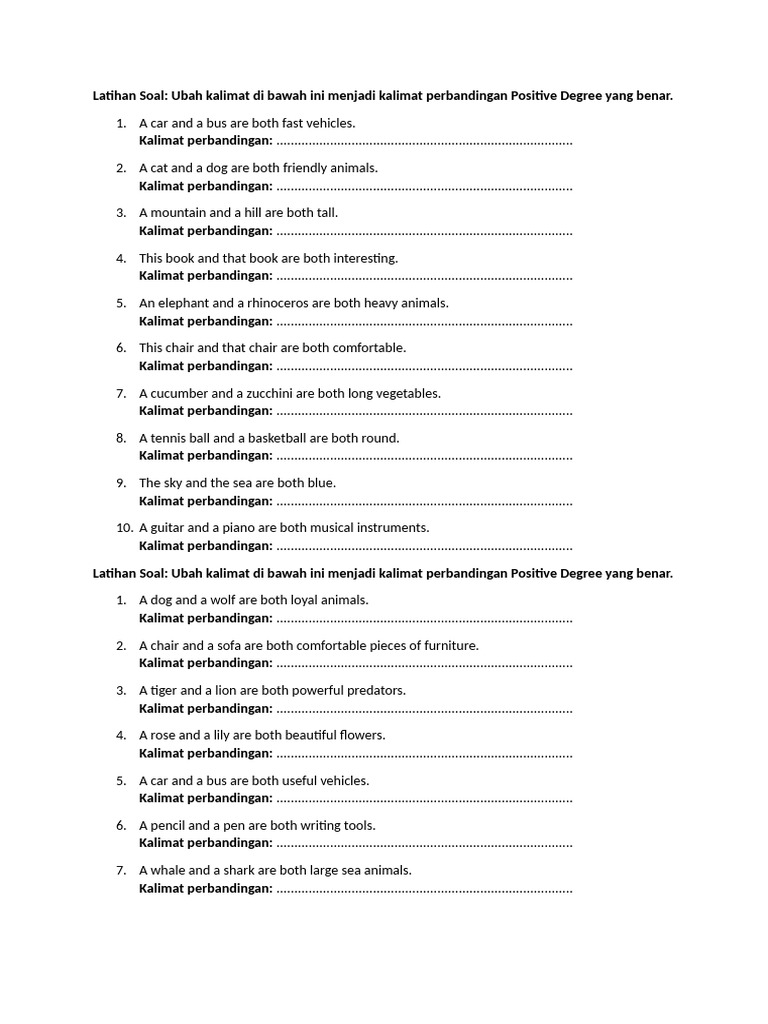 Latihan Kalimat Perbandingan Positive Degree | PDF