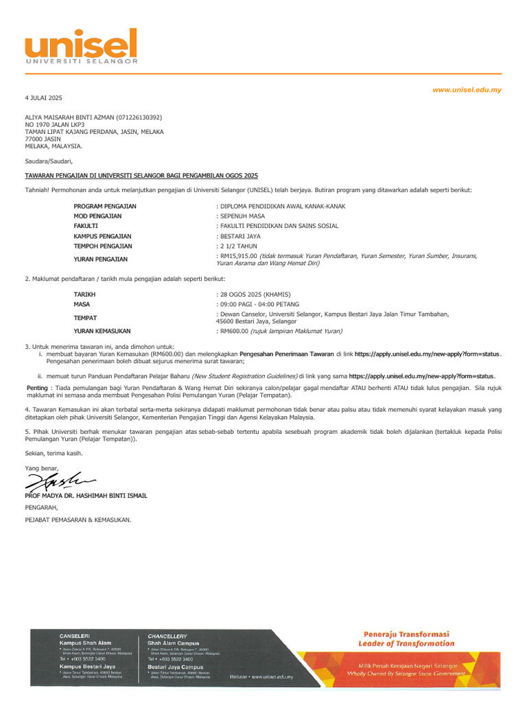 Tidak Termasuk Yuran Pendaftaran, Yuran Semester, Yuran Sumber, Insurans, Yuran Asrama Dan Wang ...