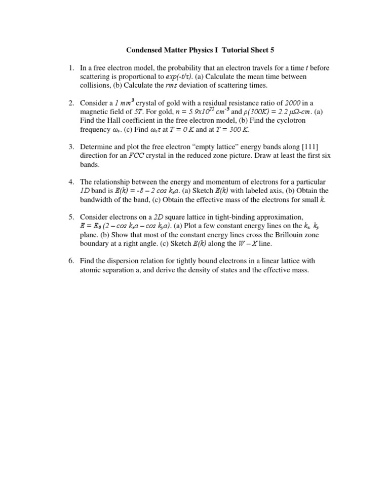 Cmp1+Tut5 - in A Free Electron Model | PDF | Science & Mathematics