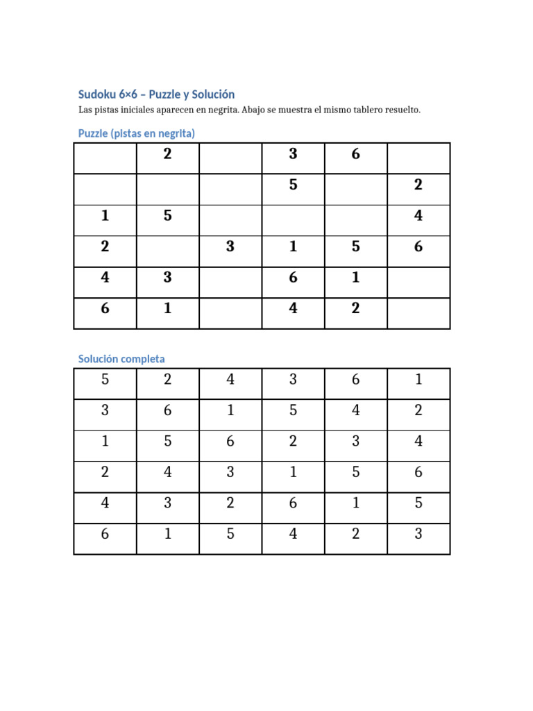 Sudoku 6x6 Puzzle y Solucion | PDF