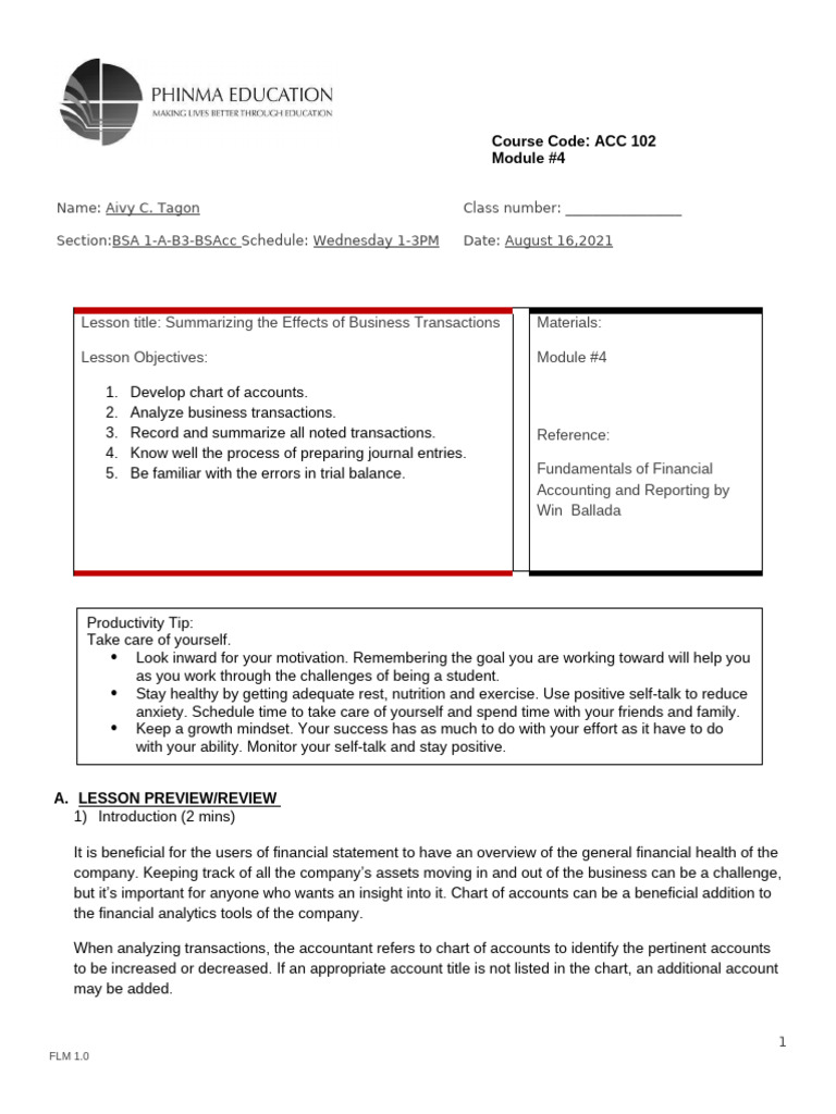 Module 4- Tagon Answer Sheet | PDF | Debits And Credits | Expense
