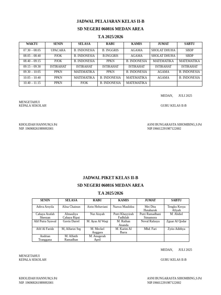 Jadwal Pelajaran Kelas 2b | PDF
