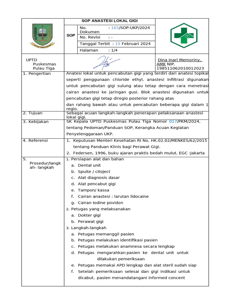 SOP Anestesi Lokal untuk Pencabutan Gigi | PDF
