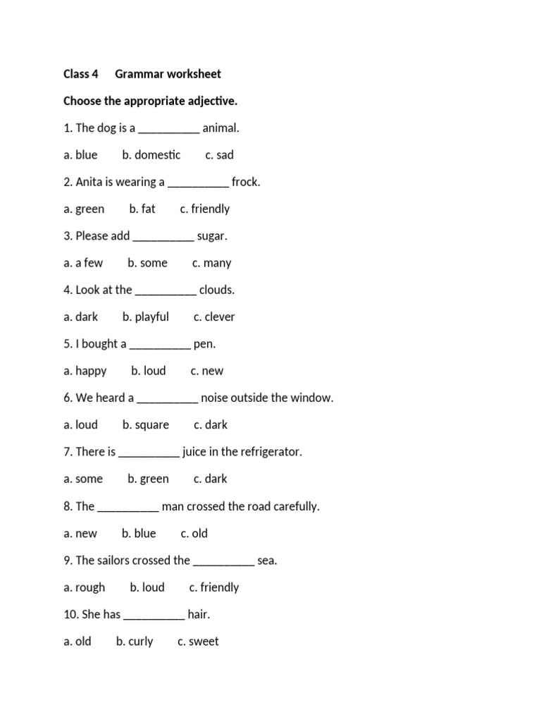 Class 4grammar Worksheet | PDF | Adjective