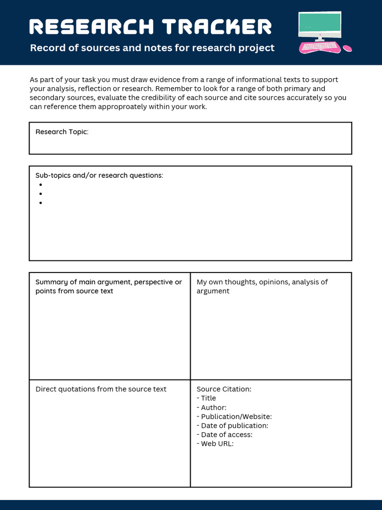 Research Note-Taking and Source Tracker English Worksheet in Navy Pink ...