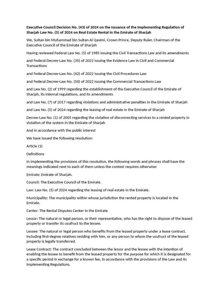 Sharjah Real Estate Rental Regulations 2024 | PDF | Lease | Landlord