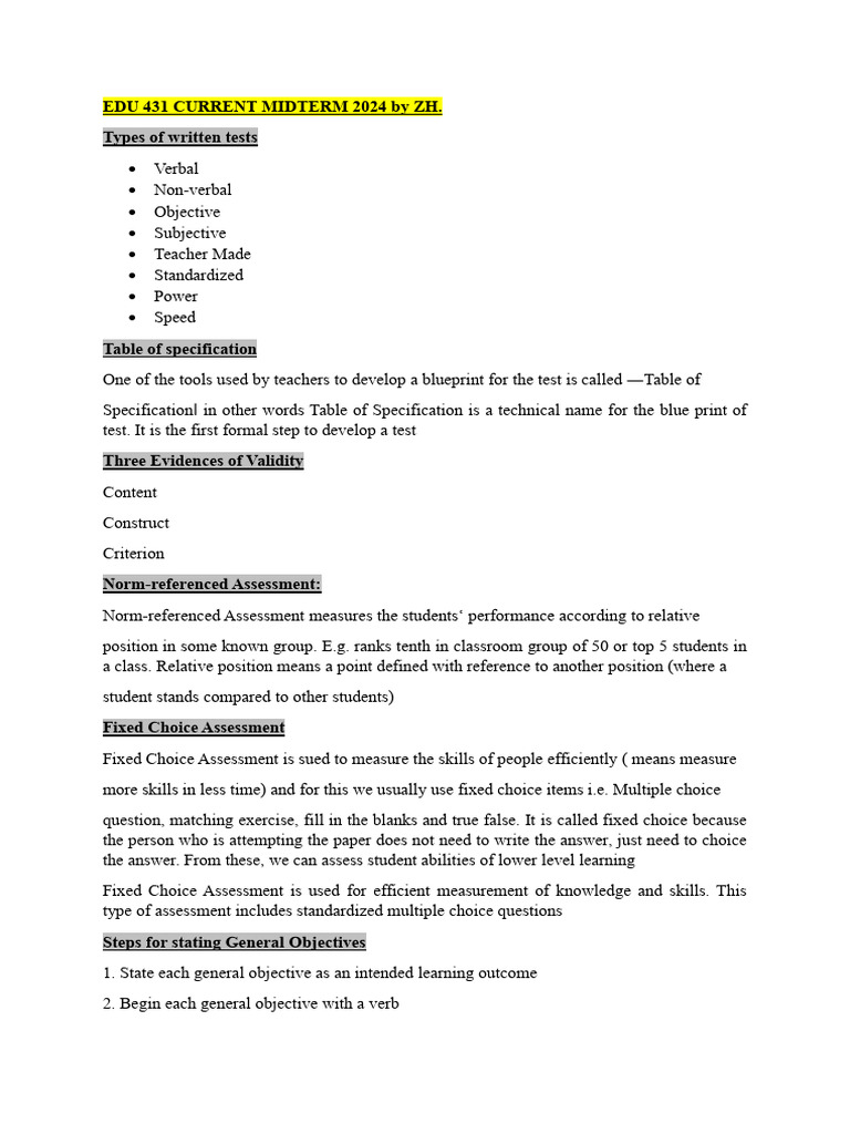 Edu 431 Current Midterm 2024 by ZH | PDF | Educational Assessment | Validity (Statistics)