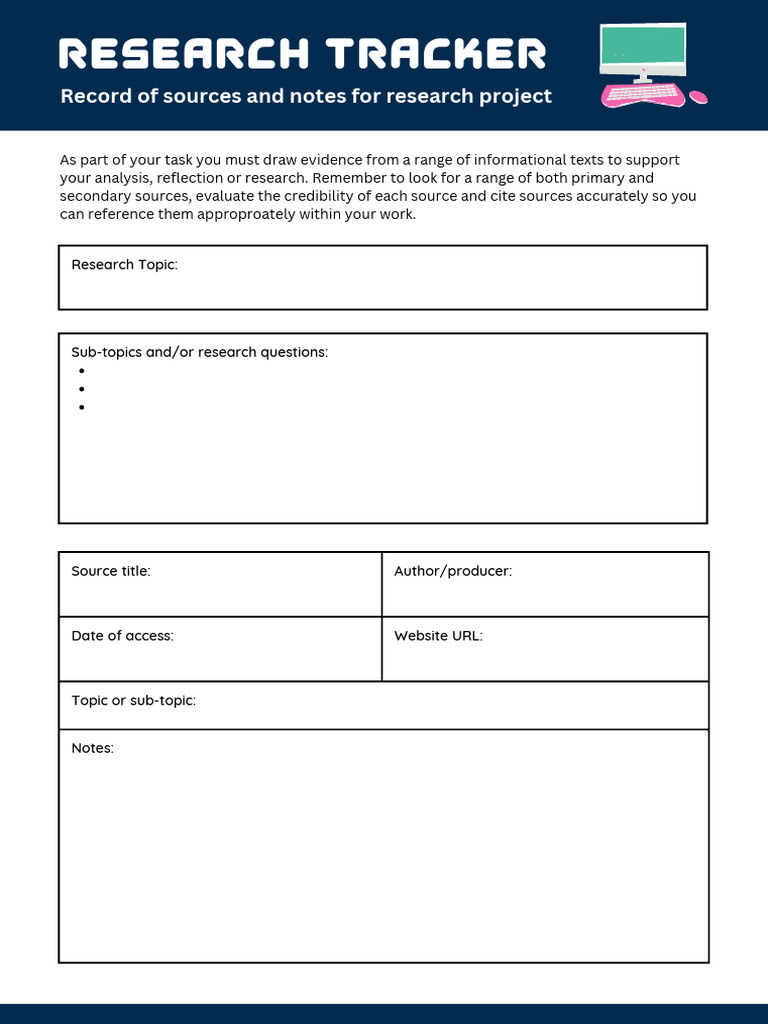 Research Note-Taking and Source Tracker English Worksheet in Navy Pink ...