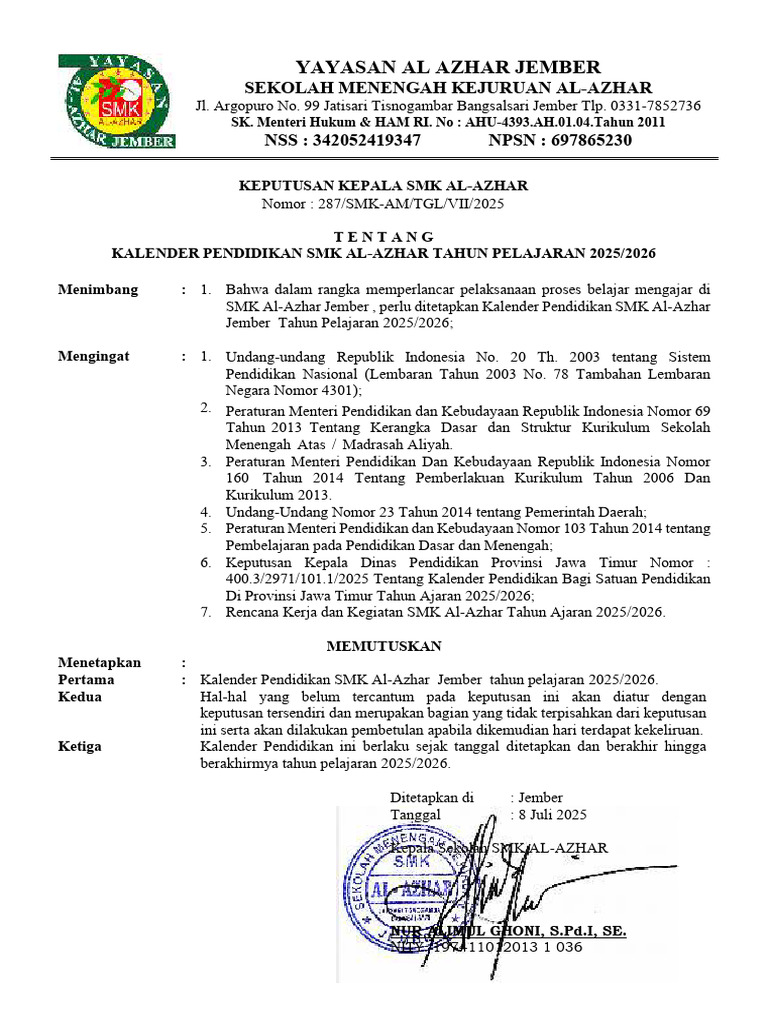 Kalender Pendidikan SMK Al-Azhar 2025/2026 | PDF