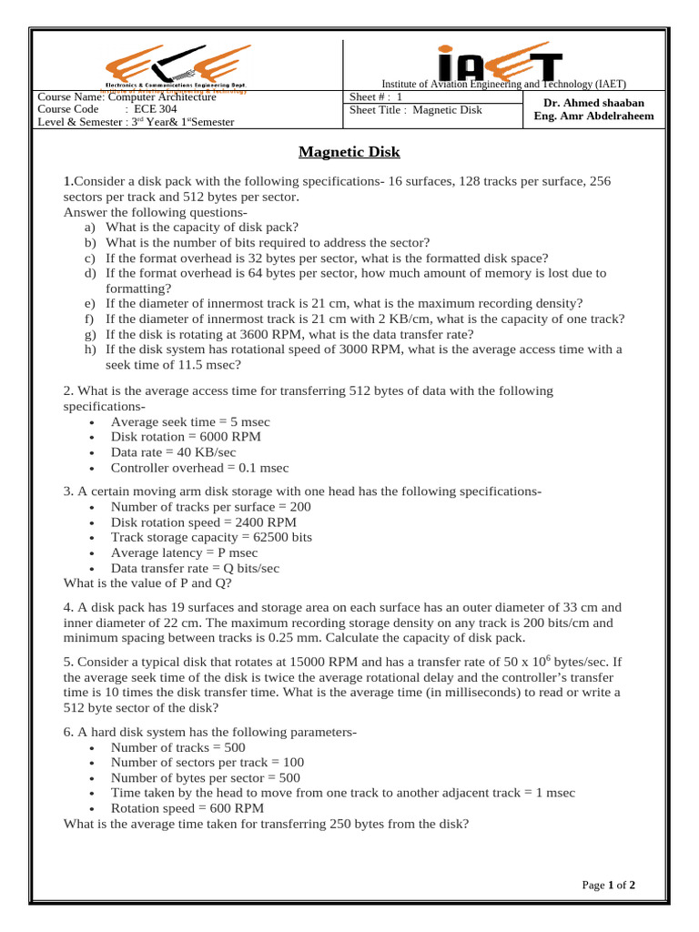 ECE 304 Sheet 1 23-24 Student | PDF | Hard Disk Drive | Computer Data Storage