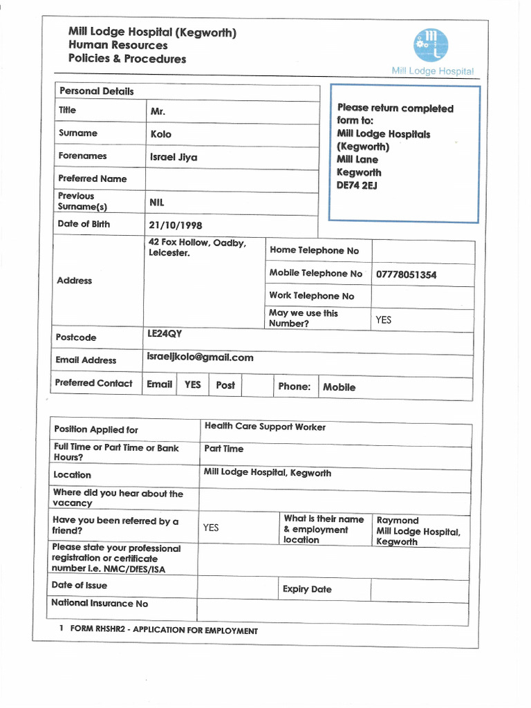 Mill Lodge Hospital Completed Form - Scanned | PDF
