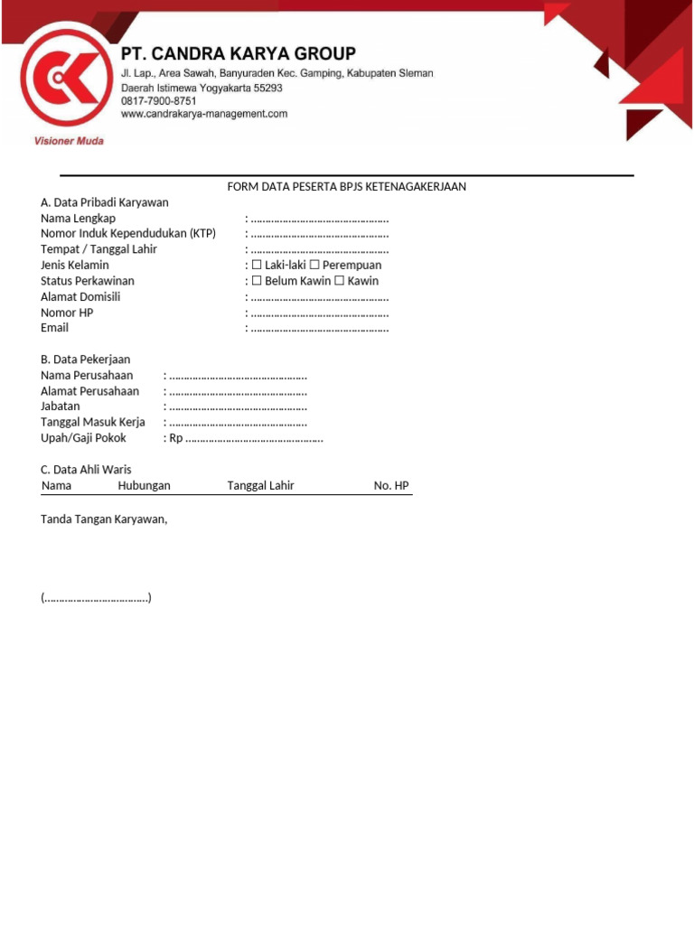 Form Data Peserta Bpjs Ketenagakerjaan | PDF