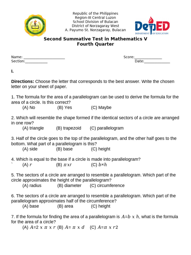 Math V Summative Test: Area & Volume | PDF | Area | Circle