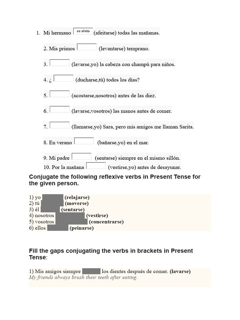 Reflexive Verbs Quiz | PDF