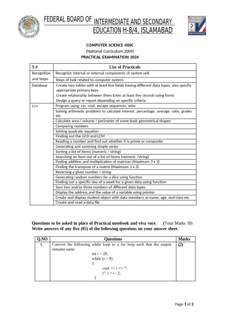 HSSC Computer Science Practical Exam 2024 | PDF | Matrix (Mathematics ...