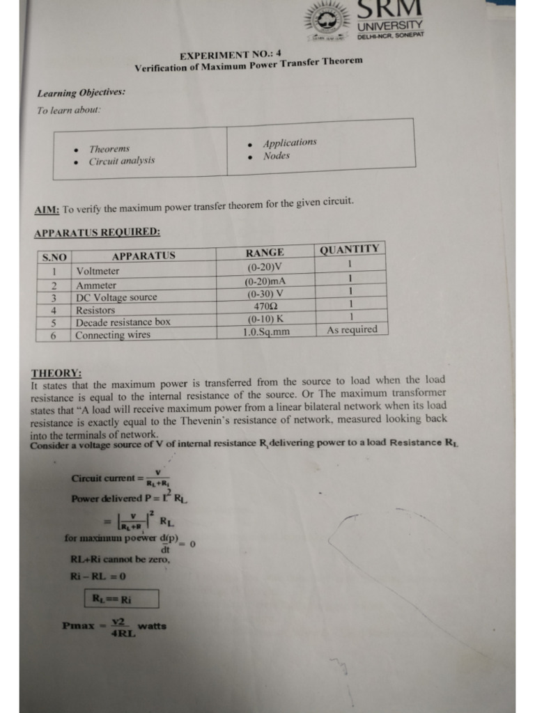 Experiment 5 Bee Maximum Power Transfer Theorem | PDF