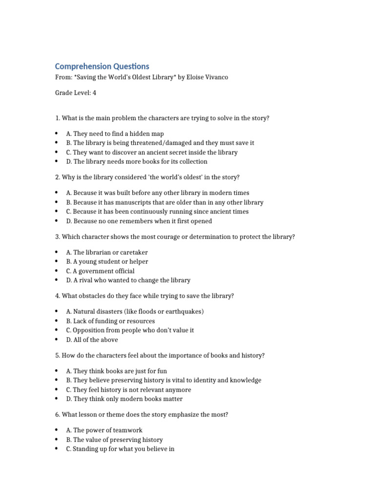 Comprehension Questions for "Saving the World’s Oldest Library" | PDF ...