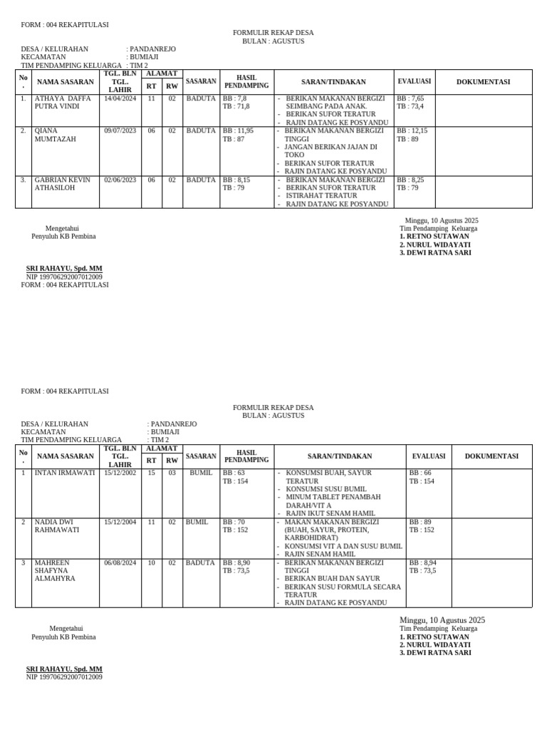 FORM 004 Formulir Rekap Agustus 2025 | PDF