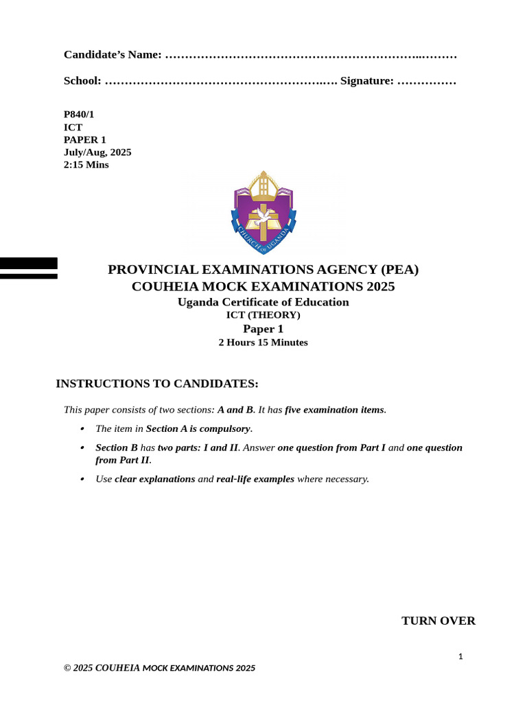 Couheia Mock ICT Exam Paper 1 2025 | PDF | Educational Technology ...