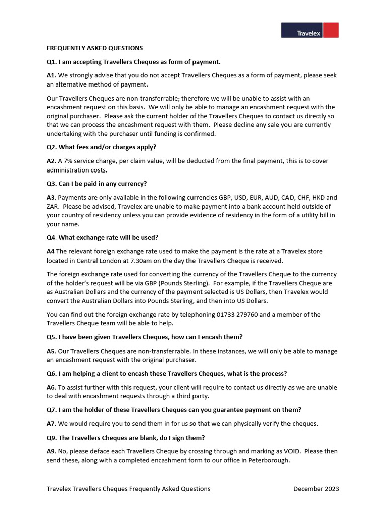 Travelex Travellers Cheques FAQ Guide | PDF | Cheque | Payments
