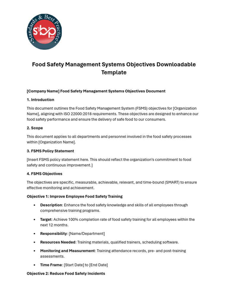 Food Safety Management Objectives Template | PDF | Audit | Food Safety