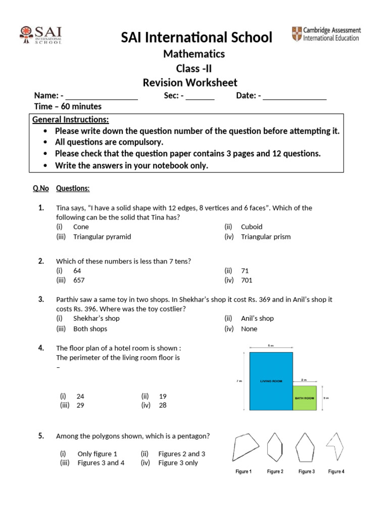Class II Mathematics Revision Worksheet | PDF | Polytopes