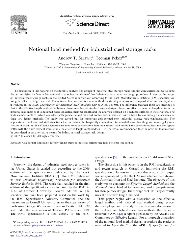 Notional Load Method for Steel Racks | PDF | Buckling | Bending