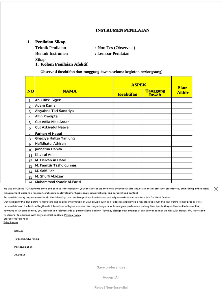 Instrumen Penilaian Sikap dan Pengetahuan | PDF
